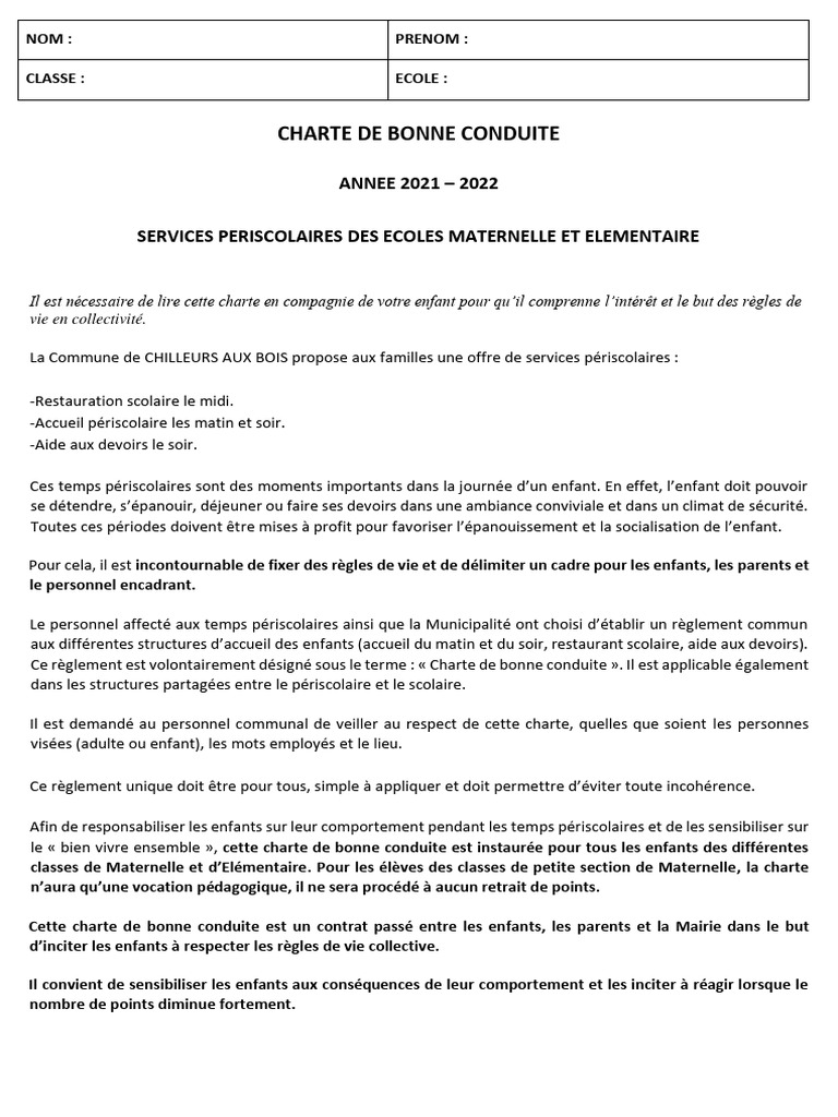 Charte de bonne conduite périscolaire | PDF | Bien-être