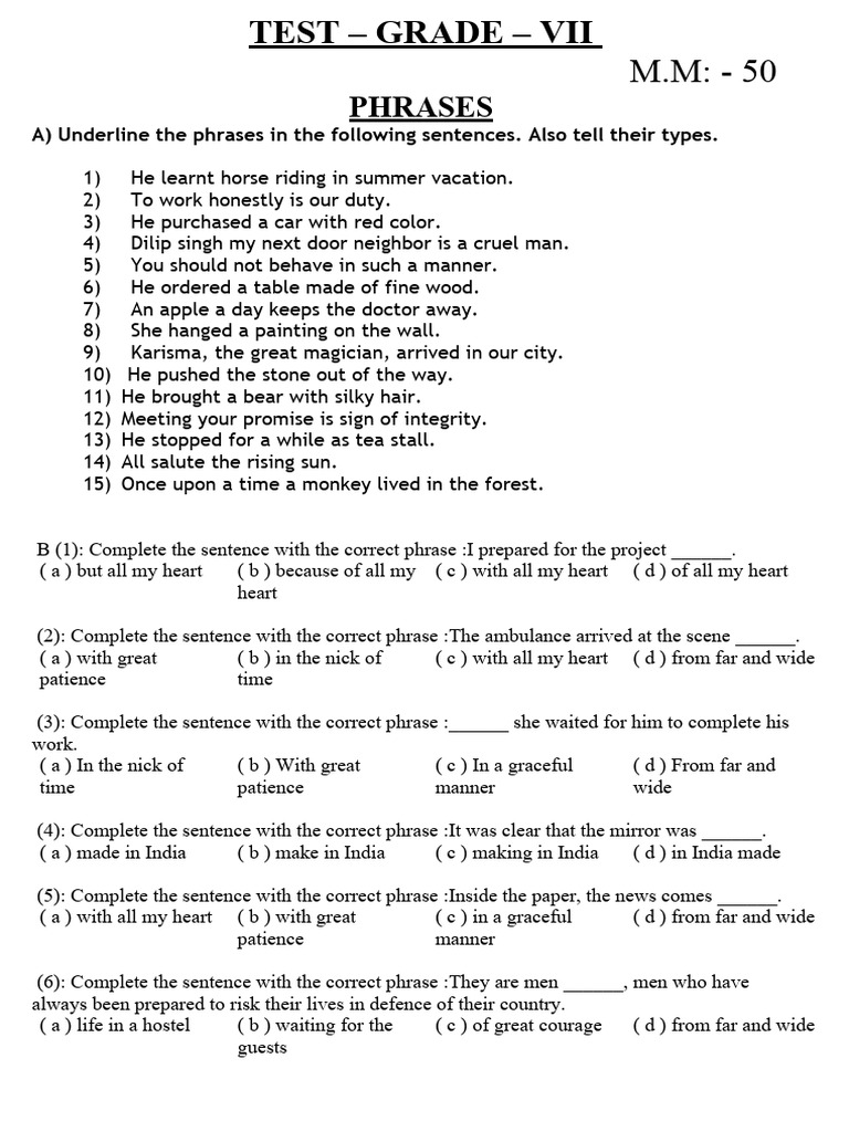 Grade - 7 - Test-1 - Phrases and Clauses | PDF | Adverb | Adjective