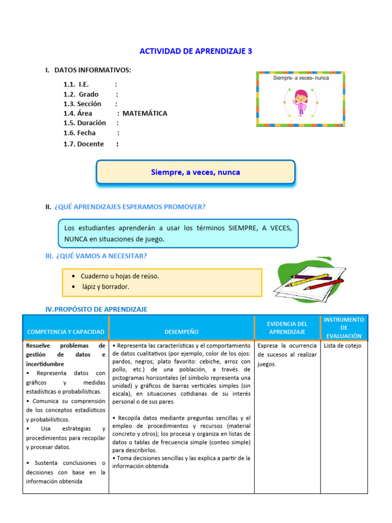 D3 A1 SESION Siempre, A Veces, Nunca | PDF | Evaluación | Aprendizaje