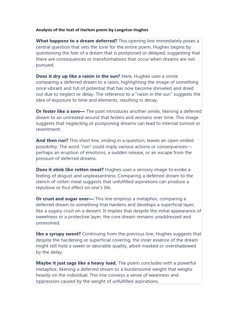 Analysis of The Text of Harlem Poem by Langston Hughes | Download Free ...