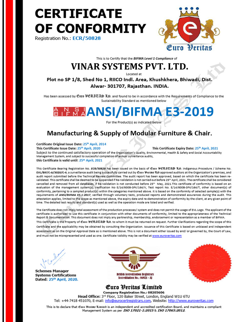 BIFMA Level 1 Compliance Certificate | PDF | Audit | Certification