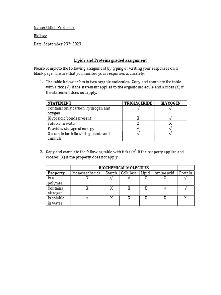 Lipids and Proteins Assignment Guide | PDF | Lipid | Materials