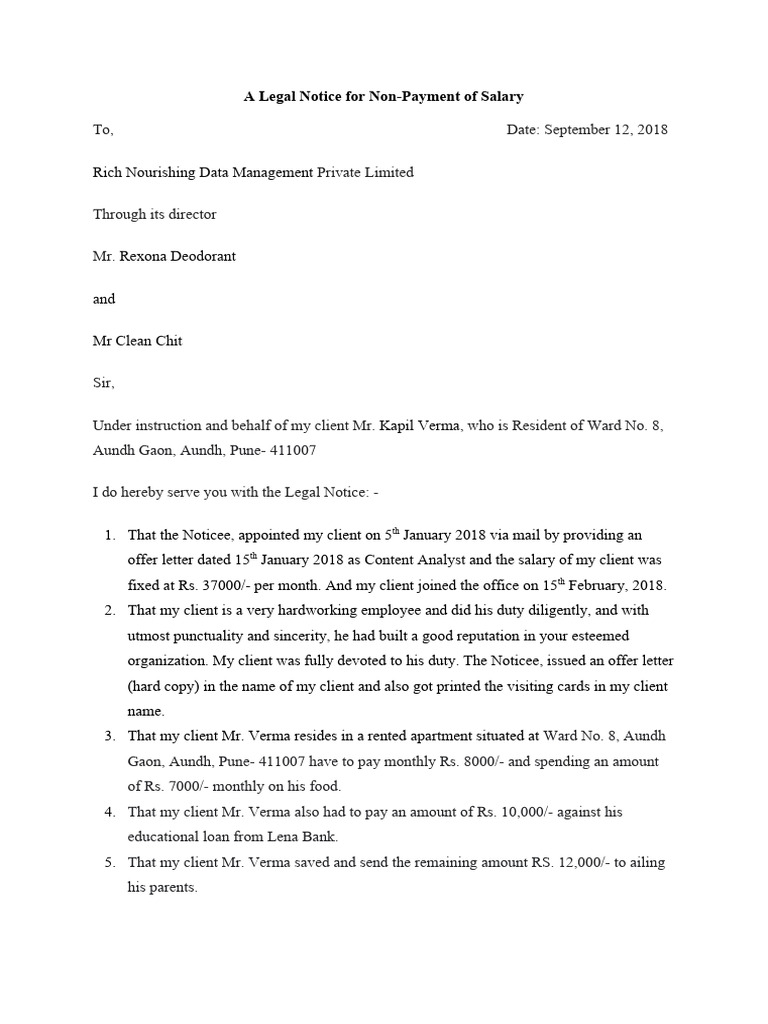 Legal Notice for Salary Recovery | PDF | Salary | Justice