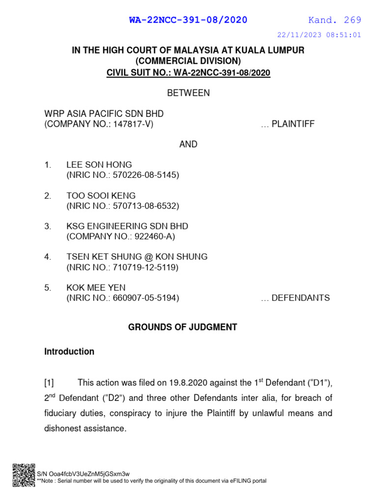 Alasan Penghakiman Wa-22ncc-391-08-2020 (WRP Asia Pacific SDN BHD V | PDF | Burden Of Proof (Law ...