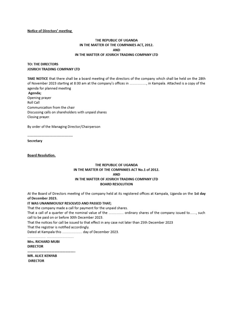 Draft Documents On Call Up of Shares | PDF | Government | Business Law