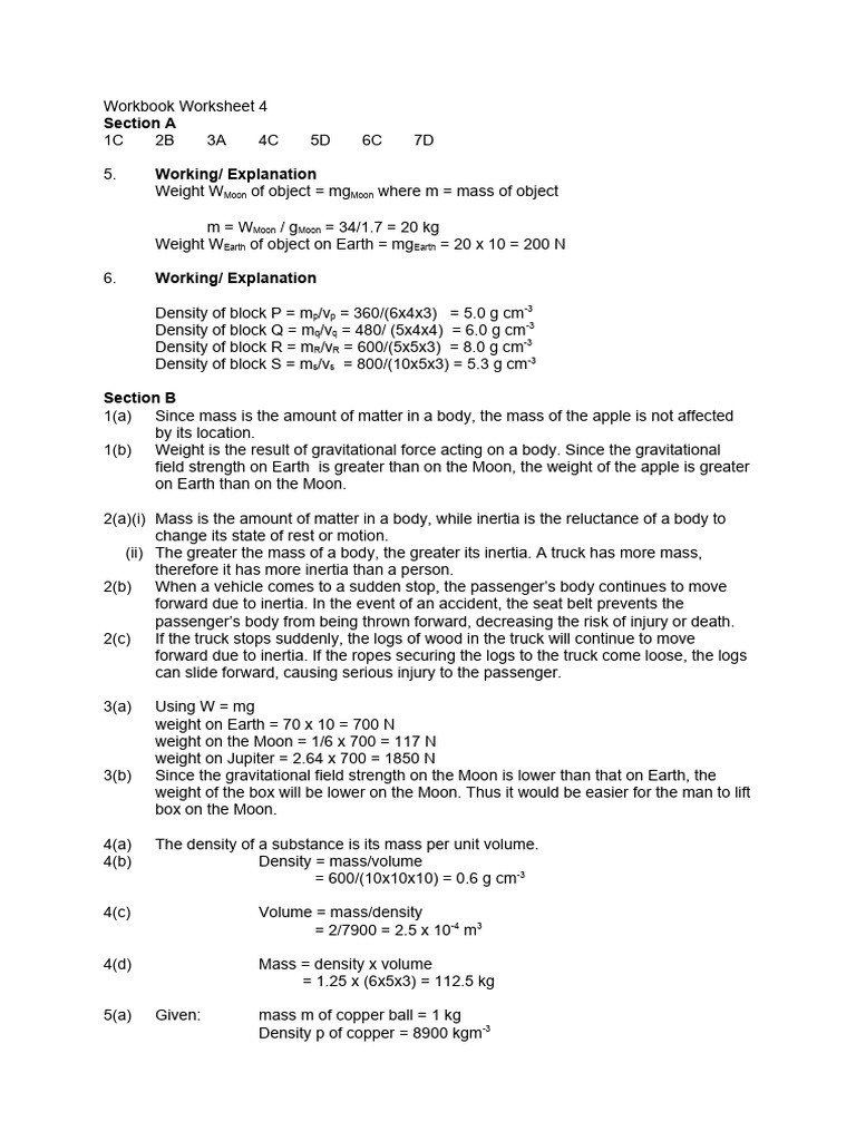 Workbook Worksheet 4 | PDF | Mass | Weight