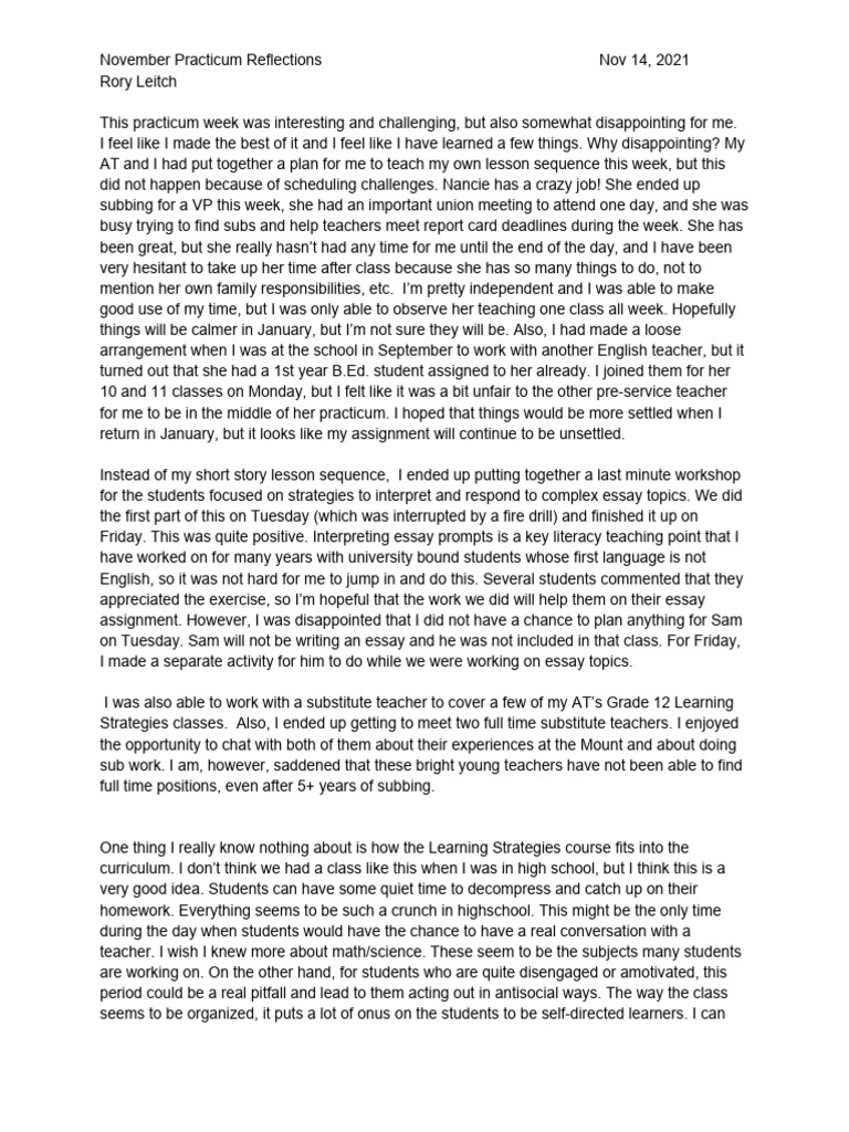 November Practicum Week Reflection | PDF | Teachers | Learning