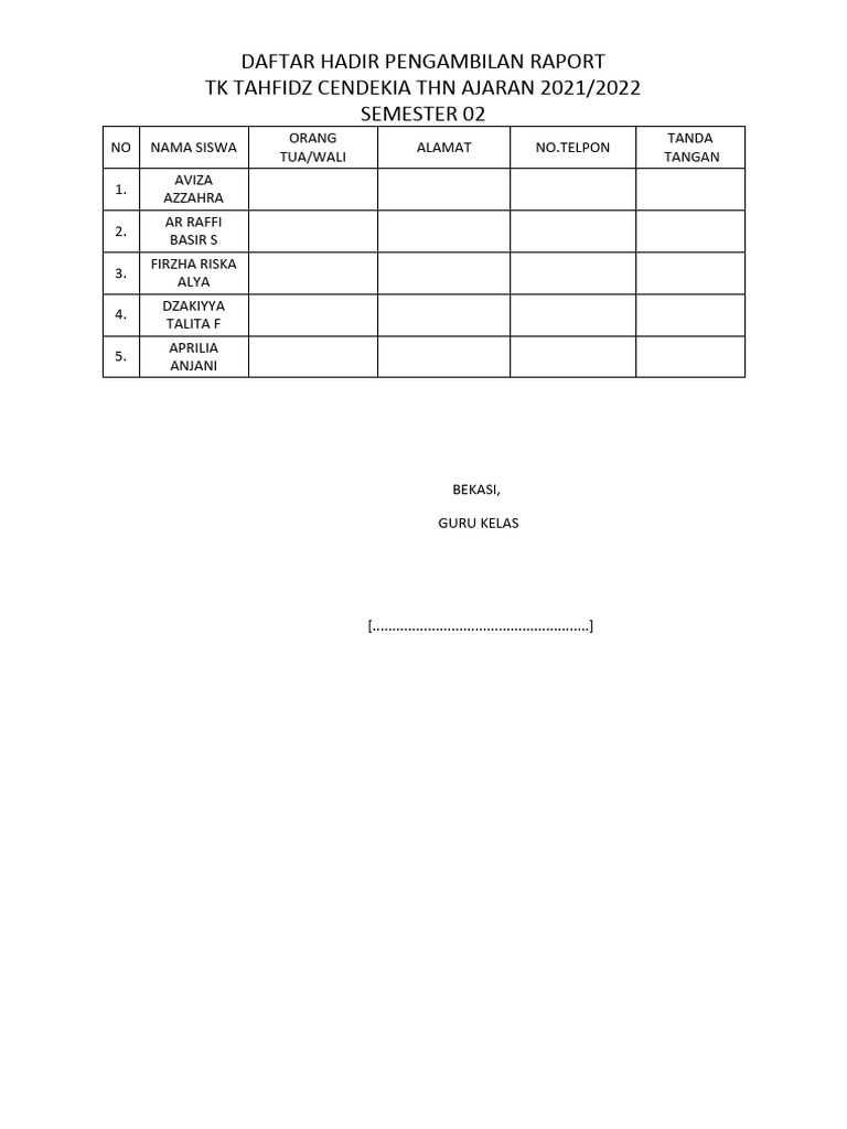 Absen Raport TK Tahfidz | PDF