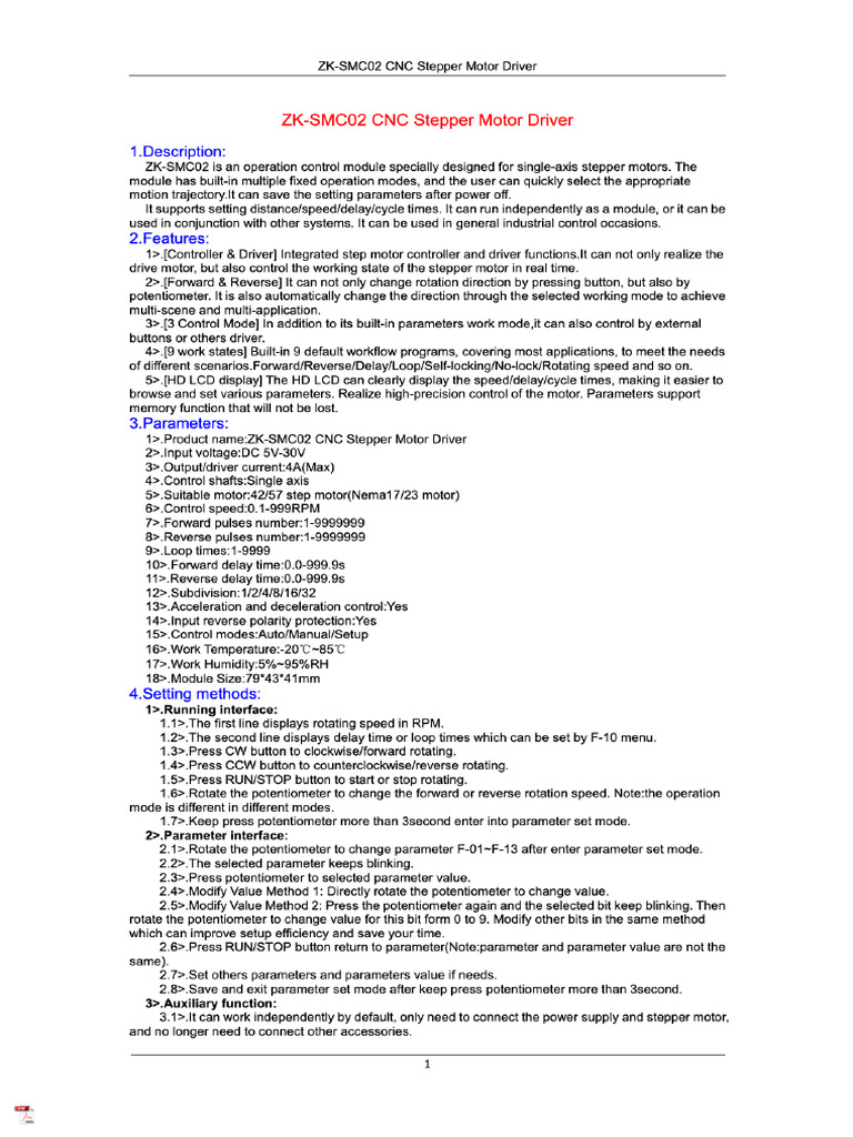 ZK-SMC02 CNC Stepper Motor Driver Instructions | PDF