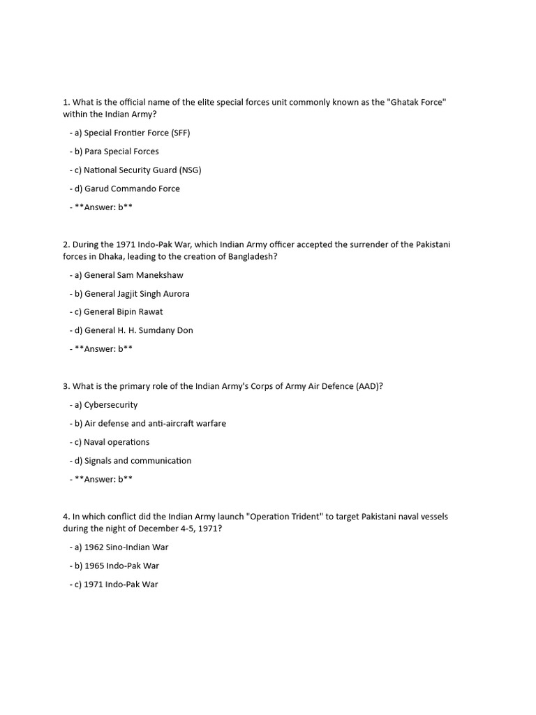 Indian Army Quiz: MCQs and Answers | PDF | Military Forces | National ...