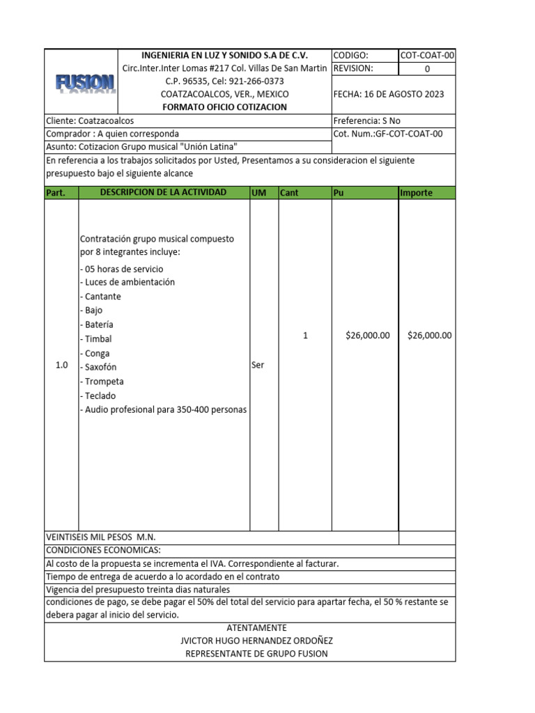 Cotizacion Grupo Musical 8 Integrantes | PDF