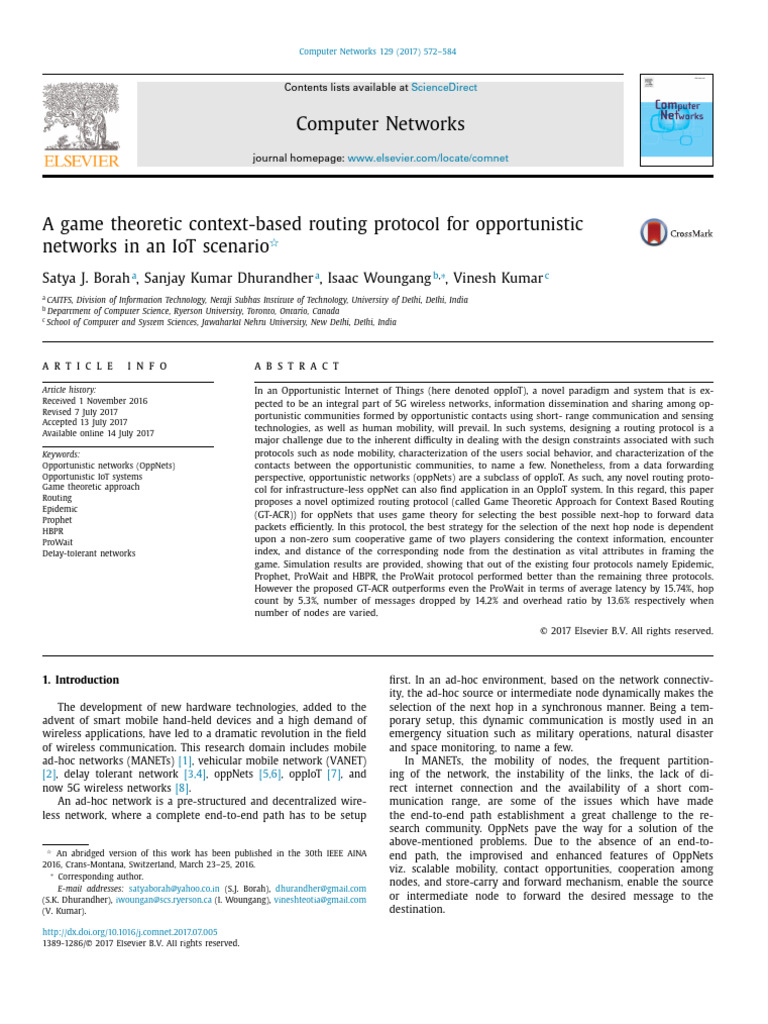 A Game Theoretic Context-Based Routing Protocol For Opportunistic | PDF | Wireless Ad Hoc ...
