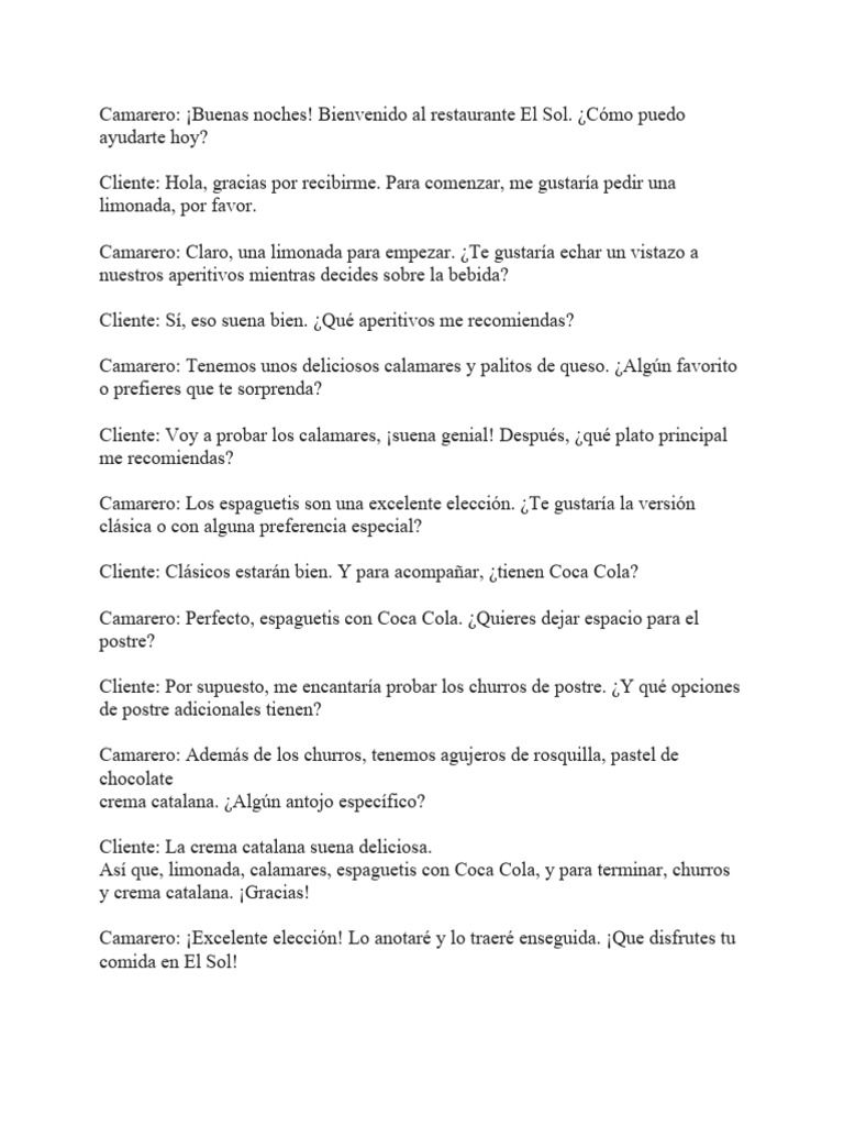 Diálogo en restaurante El Sol | PDF