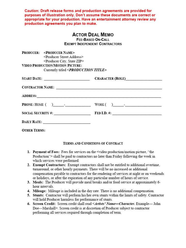 Actor Deal Memo Template PDF Format Download | PDF | Employment | Economies