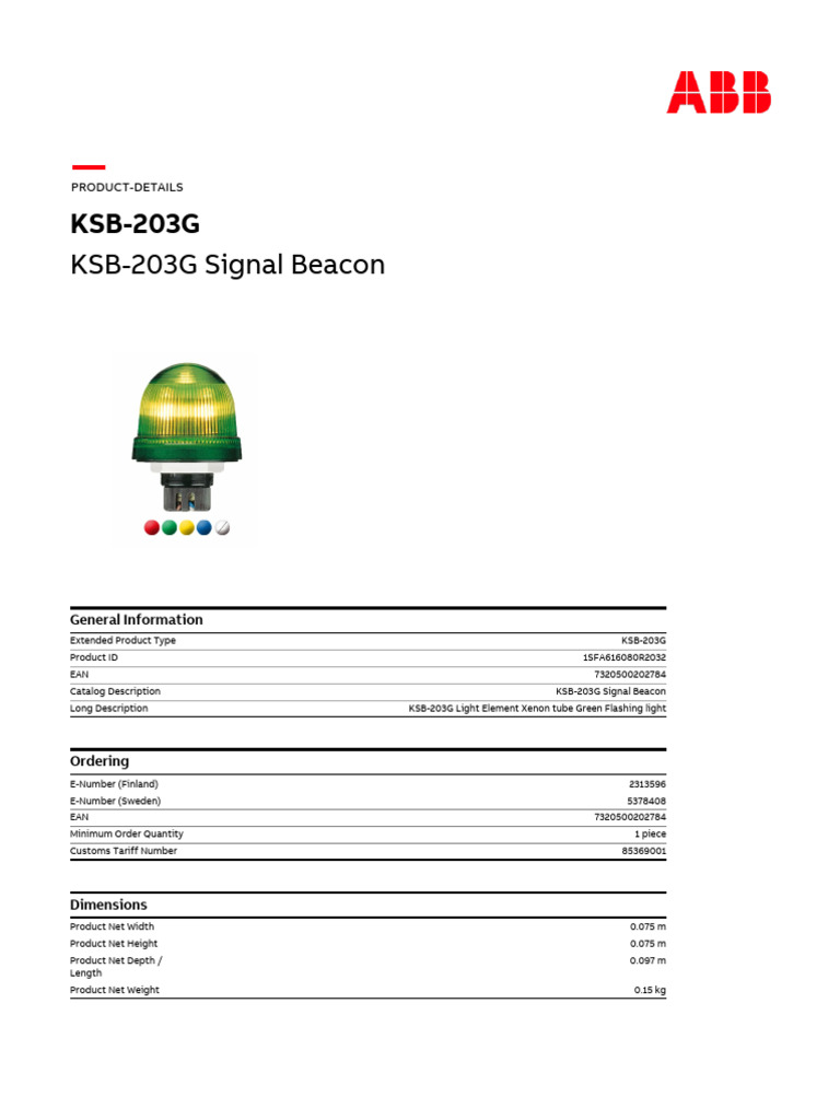 1SFA616080R2032 KSB 203g Signal Beacon | PDF | Electromagnetism | Electrical Components
