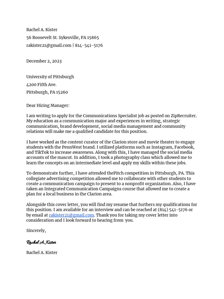 Cover Letter Rachel | PDF