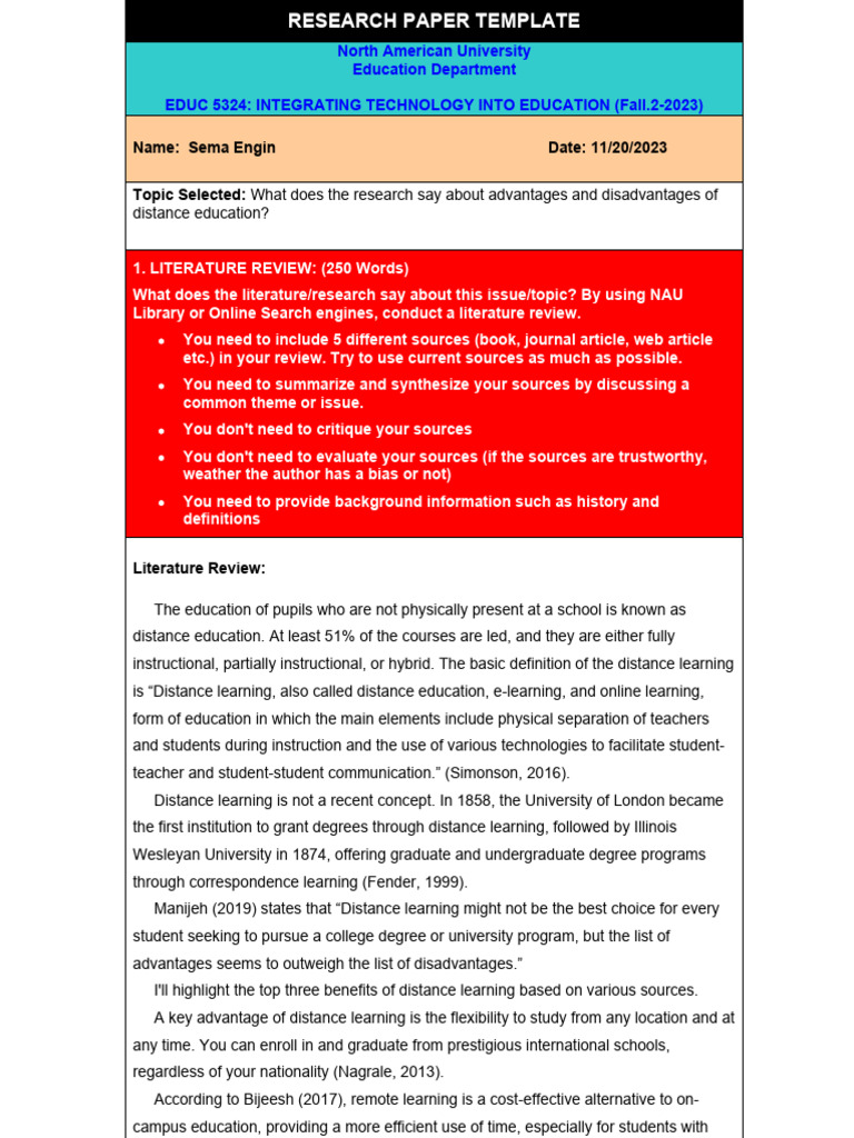Educ 5324-Research Paper Template Sema Engin | PDF | Distance Education ...