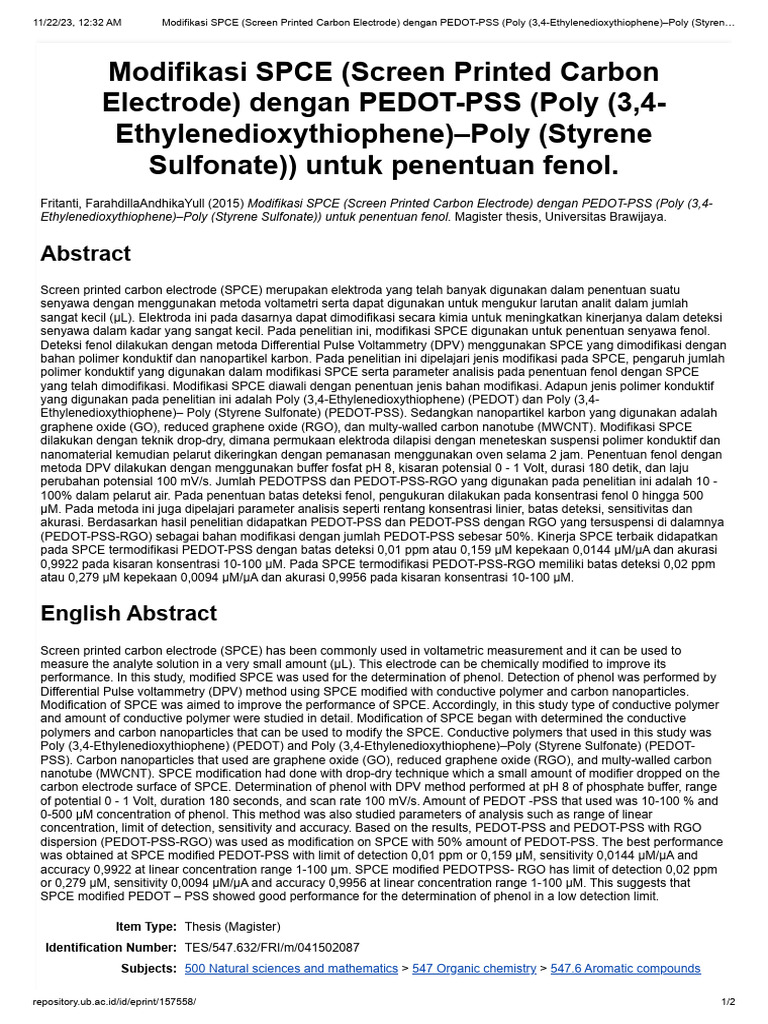 Modifikasi SPCE (Screen Printed Carbon Electrode) Dengan PEDOT-PSS ...