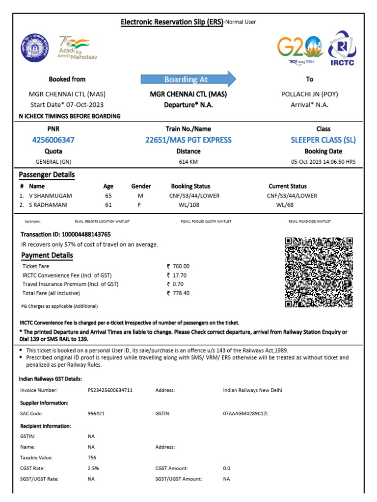 22651/mas PGT Express Sleeper Class (SL) | PDF | Identity Document