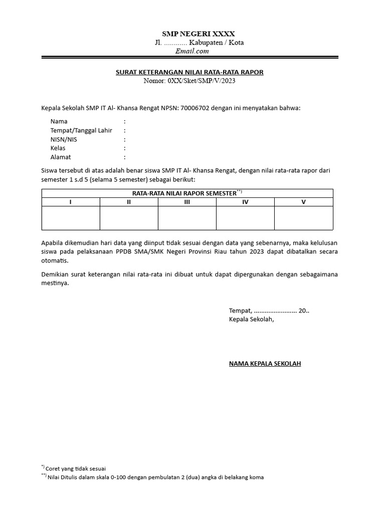 Surat Ket Rata-Rata Rapor | PDF