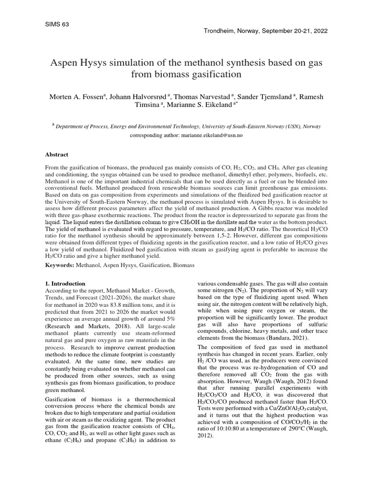 SIMS 2022 Submission 052 | PDF | Gasification | Chemical Reactor