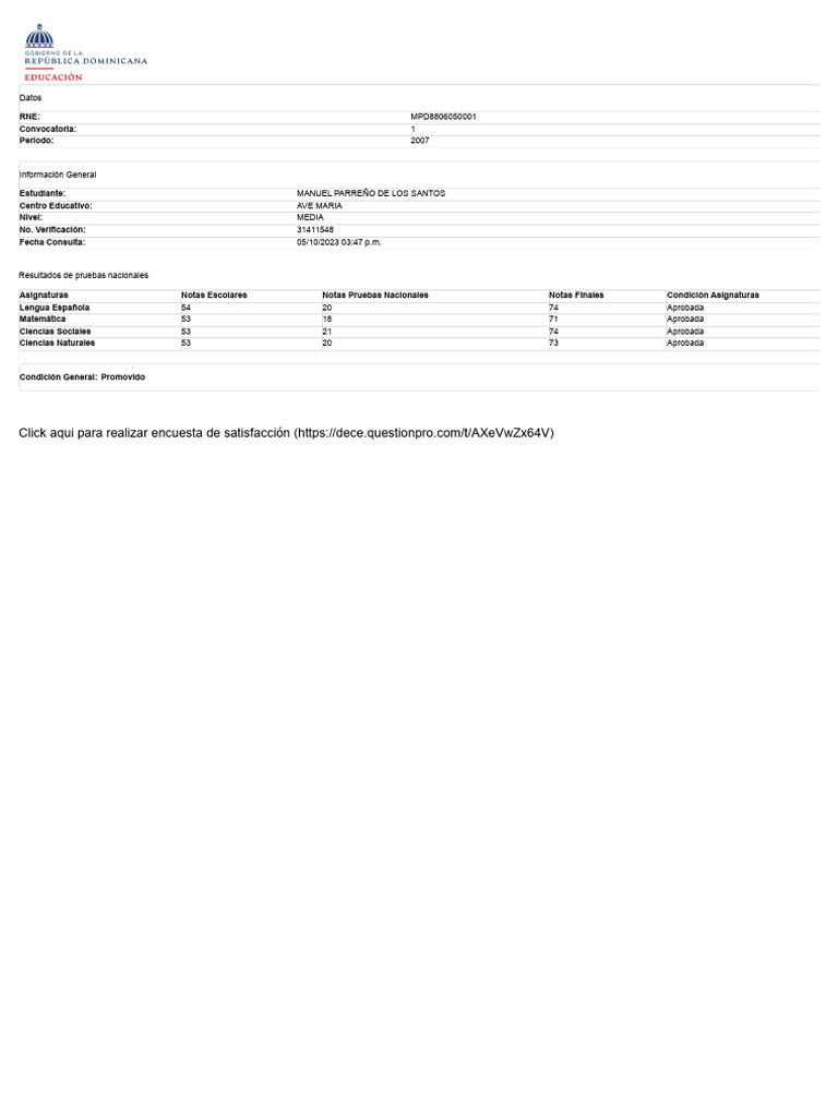 Ministerio de Educación de La República Dominicana Promovido Cuarto | PDF