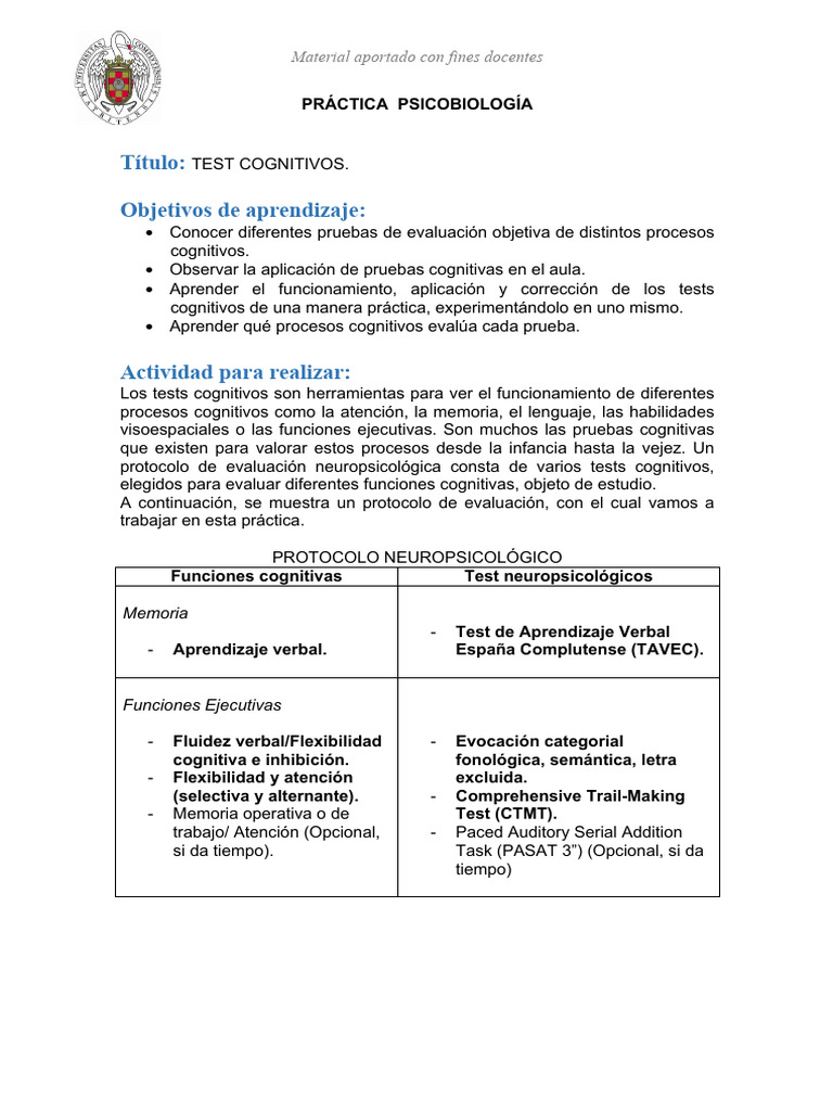 Dossier Test Cognitivos | PDF | Aprendizaje | Memoria