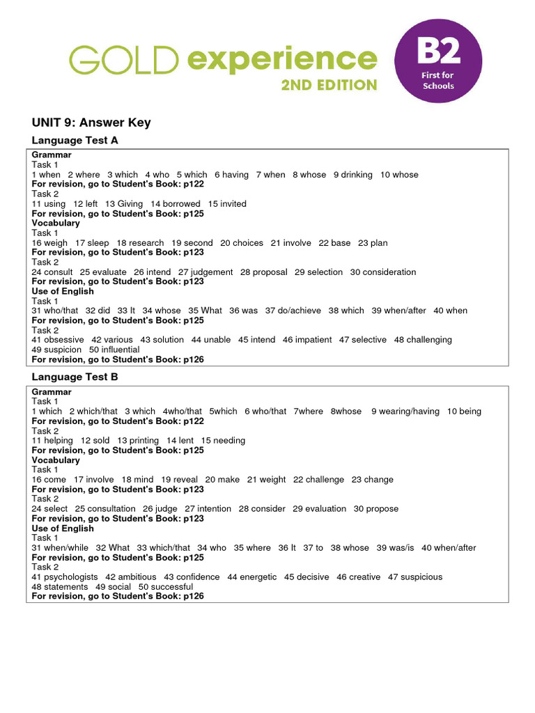 Gold Experience B2 Unit 9 Answer Key | PDF