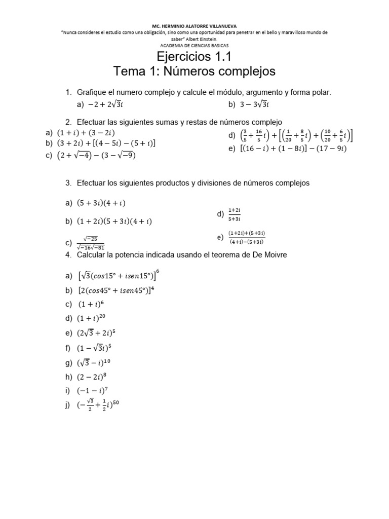 Ejercicios de Números Complejos | PDF | Raíz cuadrada | Número complejo