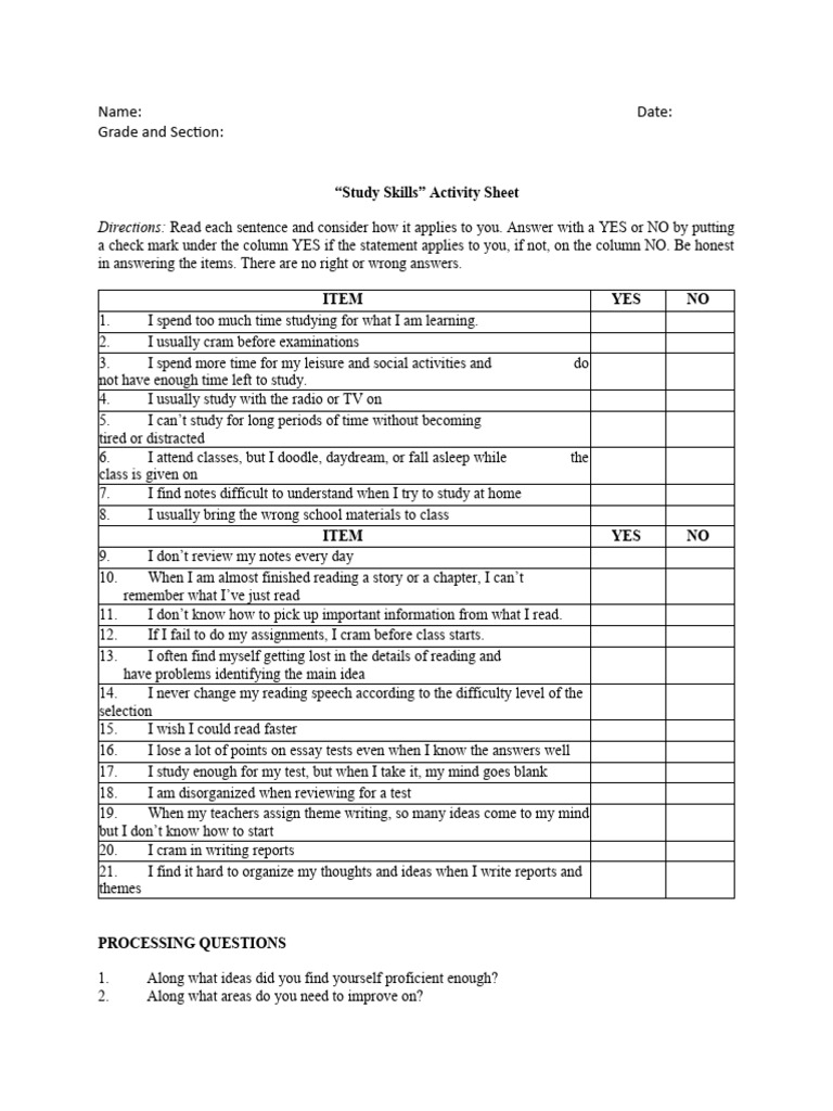 Study Skills Self-Assessment Activity | PDF