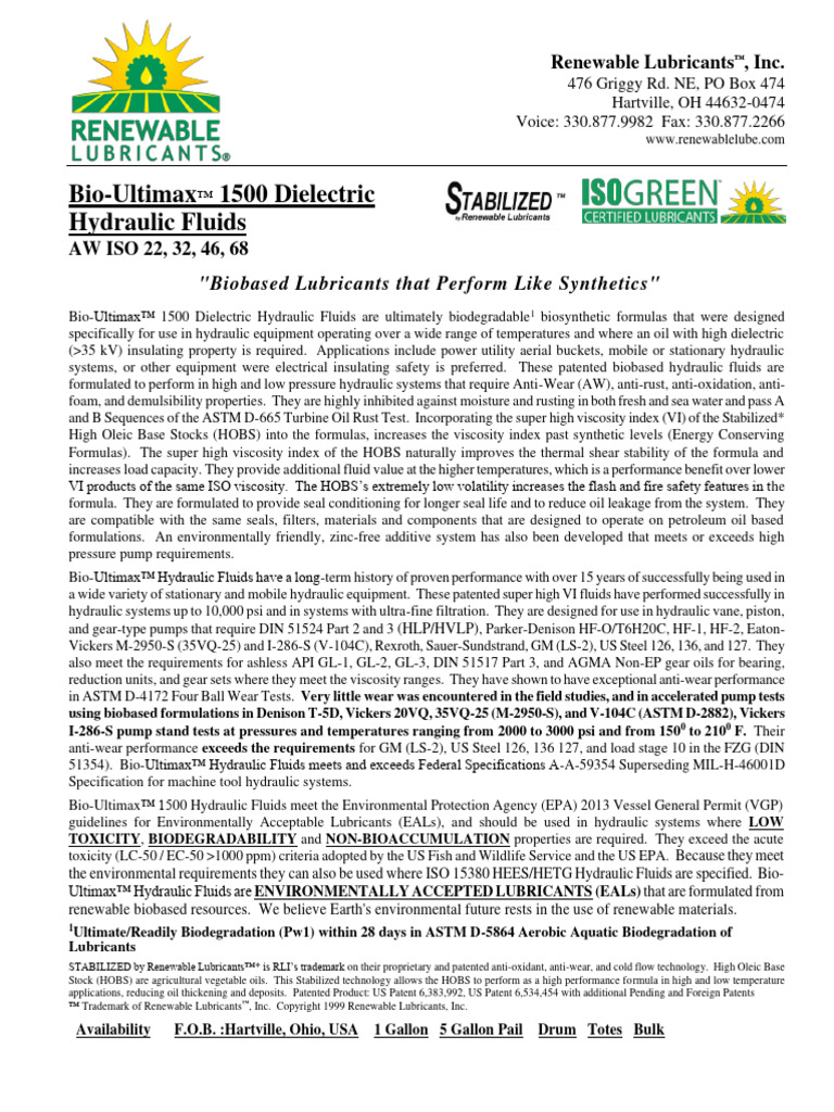 3H Bio Ultimax 1500 Dielectric Hyd Fluid ISO 22 32 46 68 | PDF ...