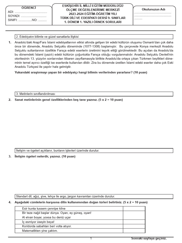 2023-2024 9. Sinif 1-Tde | PDF