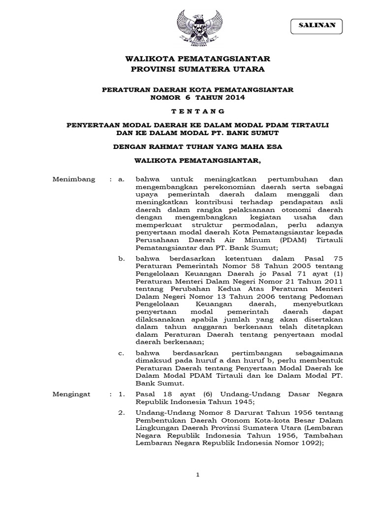 Perda 6 - 2014 - Penyertaan Modal Daerah Ke Dalam Modal PDAM Tirtauli Dan Ke Dalam Modal PT ...