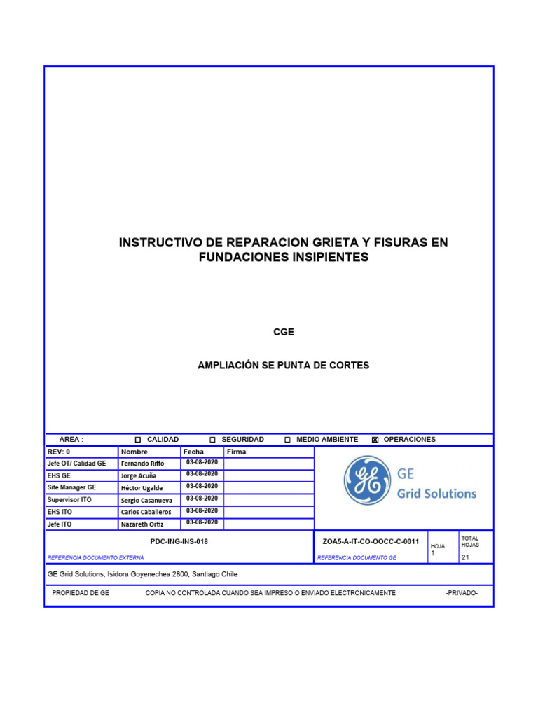 PDC-ING-INS-018 - Rev - 0 - Reparacion de Grietas y Fisuras | PDF | Hormigón | Cemento