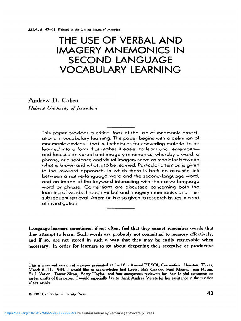 The Use of Verbal and Imagery Mnemonics in Second Language Vocabulary ...