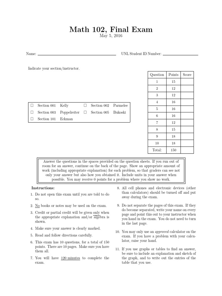 Math 102 Final Exam Instructions | PDF | Pi | Mathematics