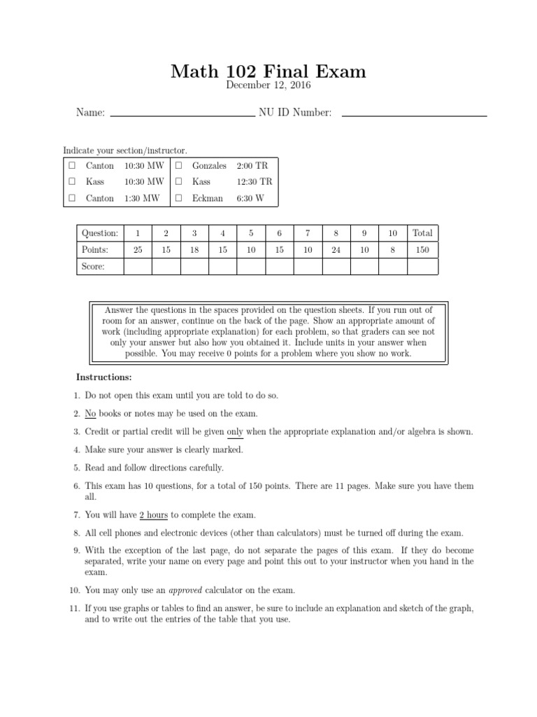 Math102 Final Exam | PDF | Angle | Trigonometric Functions