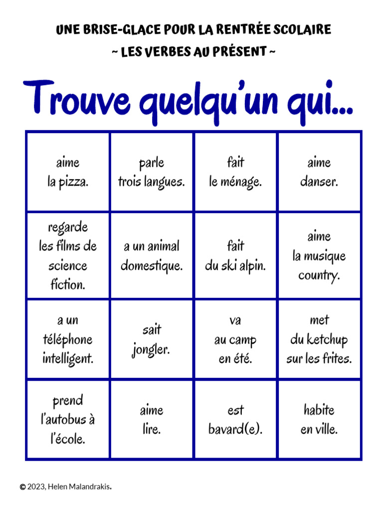 Une Brise-Glace Pour La Rentrée Scolaire Les Verbes Au Présent | PDF ...