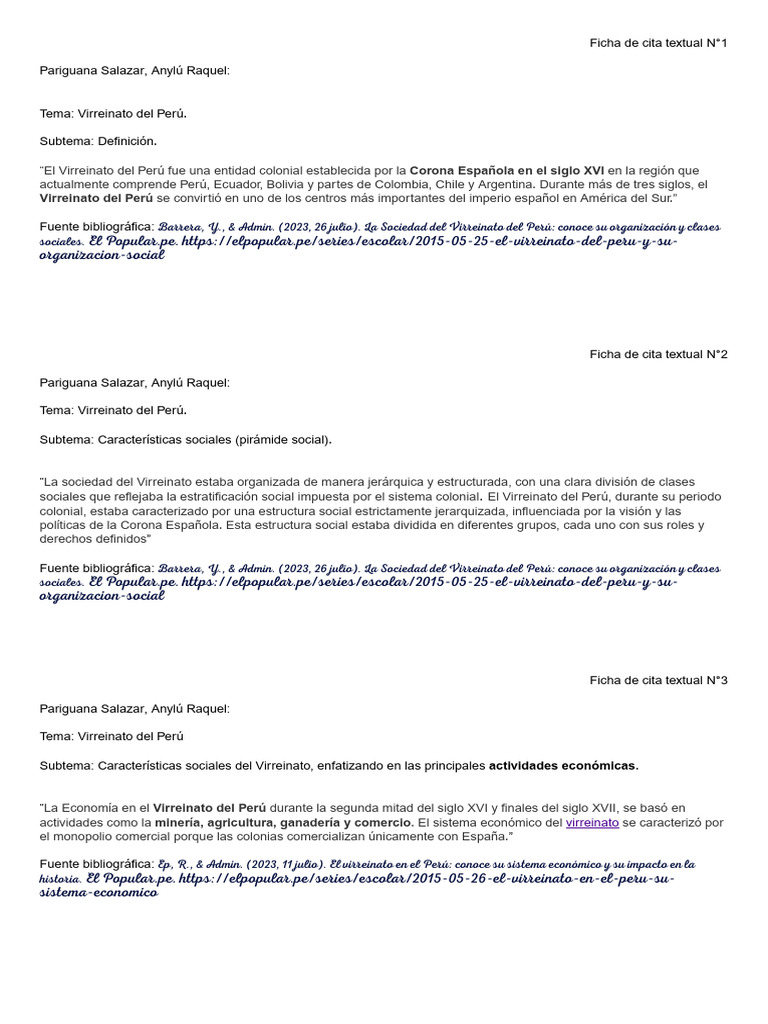 Formato de Ficha de Cita Textual en Word | PDF | Perú | España