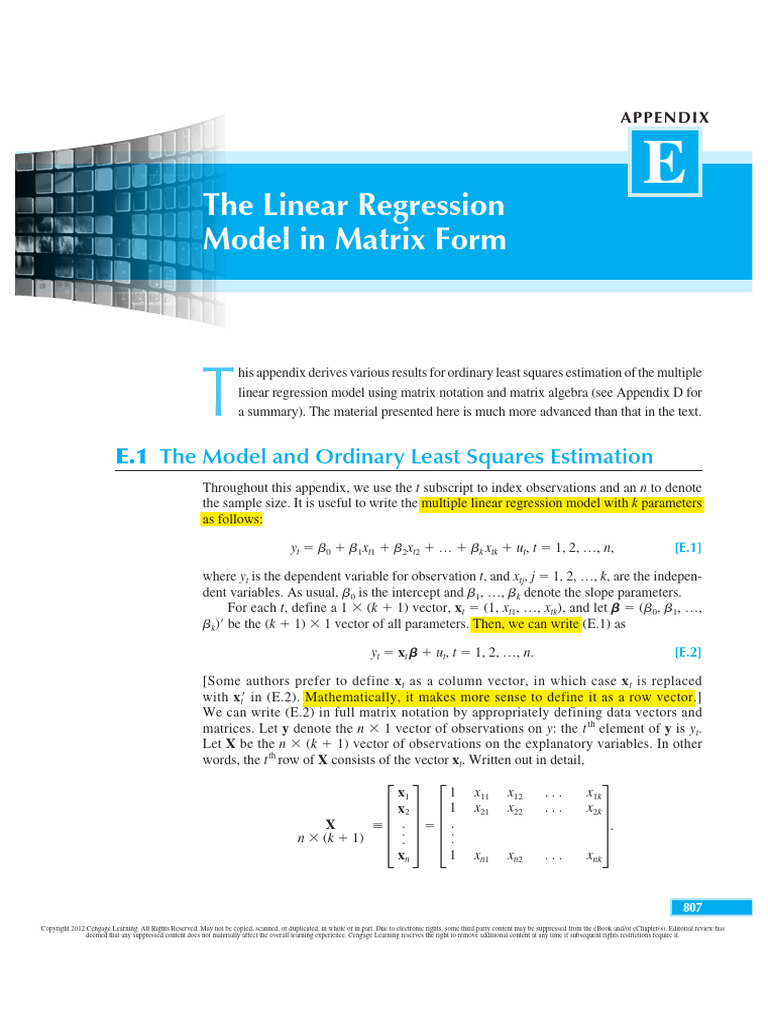 Appendix E - The Linear Regression Model in Matrix Form | PDF | Ordinary Least Squares ...