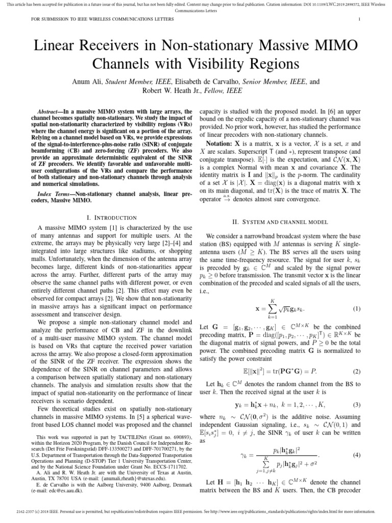 Linear Receivers in Non-Stationary Massive MIMO Channels With Visibility Regions | PDF | Mimo ...