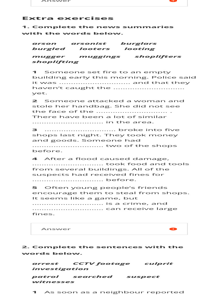 Crime Vocabulary Exercises A2 | PDF | Police | Crime & Violence