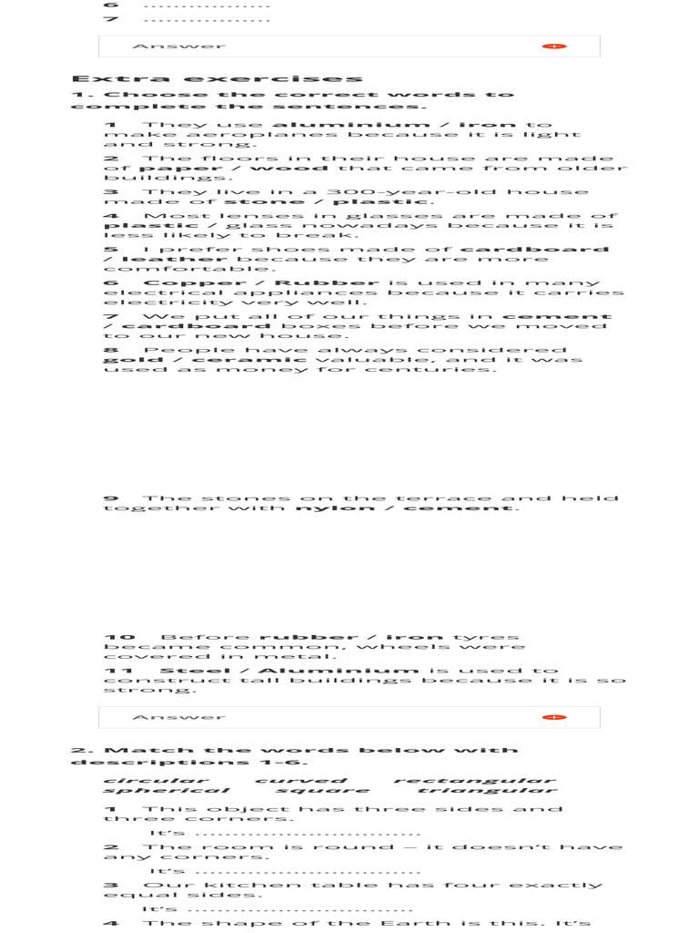 A2 Vocabulary Exercises on Materials | PDF