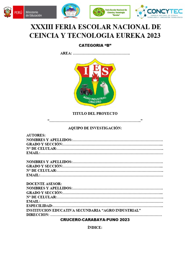 Formato de Informe de Feria de Ciencias Eureka Fencyt 2023 | Descargar ... Formato de Informe de Feria de Ciencias Eureka Fencyt 2023 | Descargar ...
