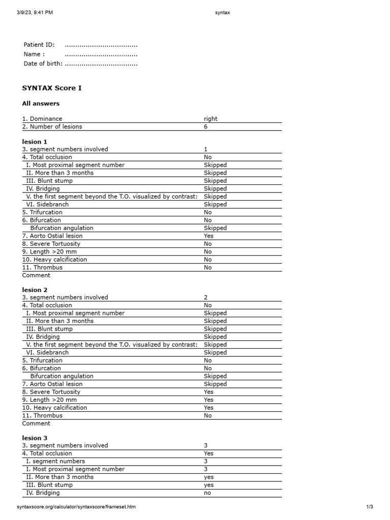SYNTAX Score Calculator Susanoo | PDF | Clinical Medicine | Medical ...
