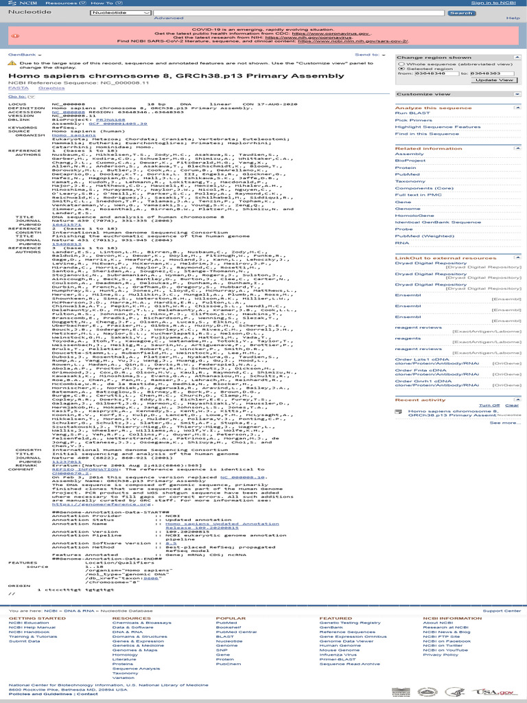 Homo Sapiens Chromosome 8, GRCh38.p13 Primary Assembly - Nucleotide - NCBI | PDF | National ...