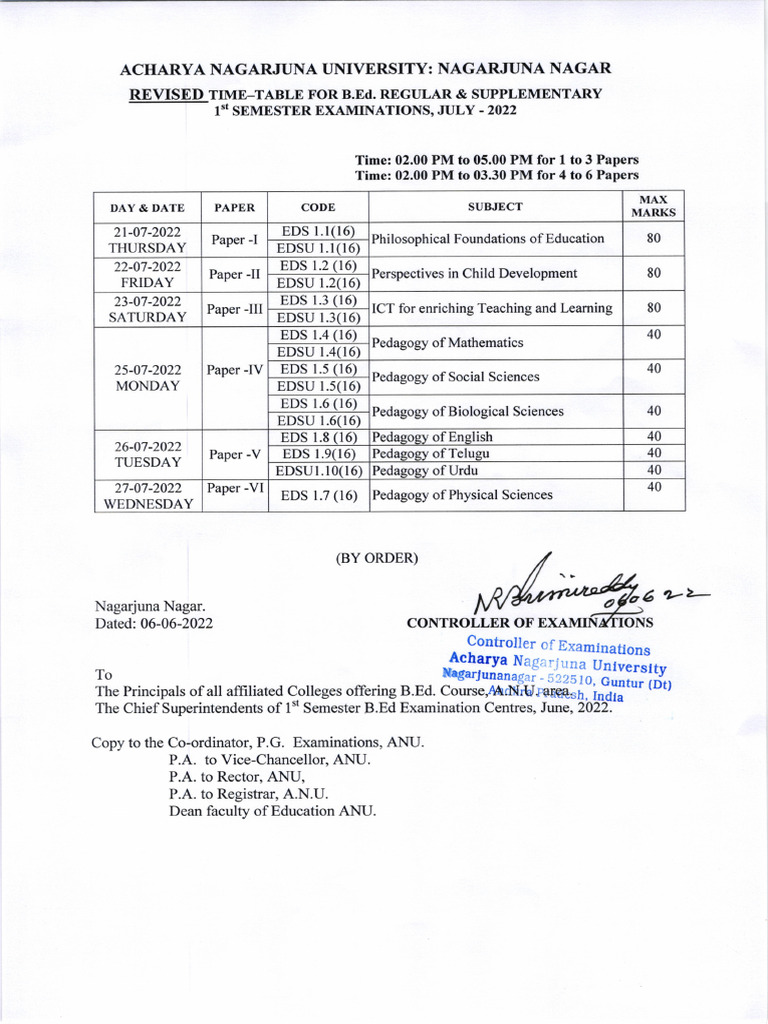 Revised B.ed 1st Semester Examination Time-Table July - 2022 | PDF ...