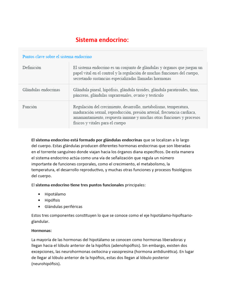 Sistema Endocrino | PDF | Glándula pituitaria | Hipotálamo