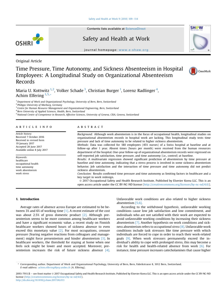 Time Pressure Time Autonomy and Sickness Absenteeism in Ho - 2018 ...