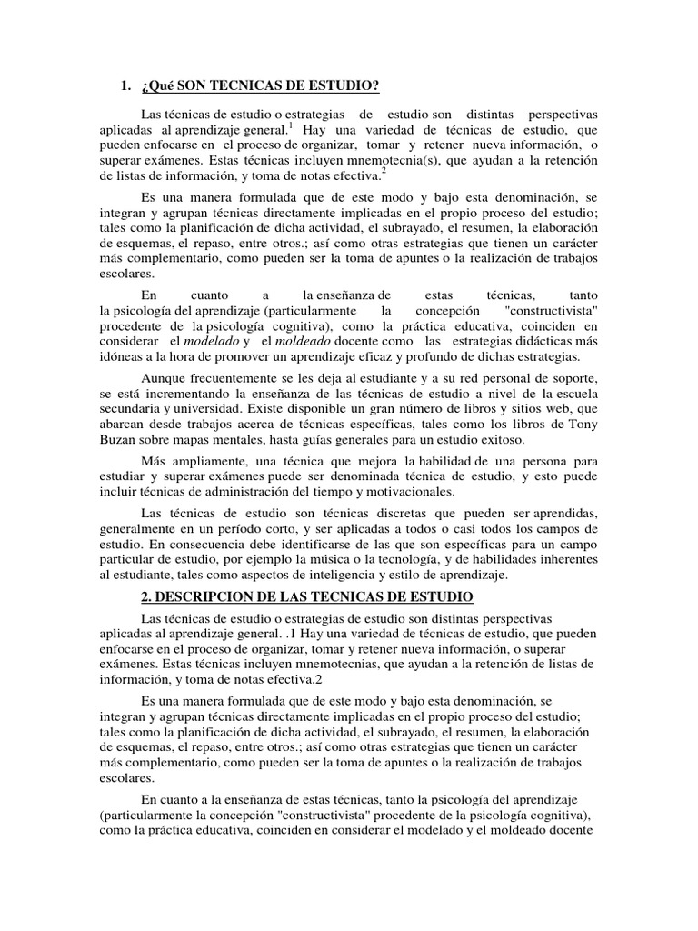 Qué SON TECNICAS DE ESTUDIO | PDF | Habilidades de estudio | Cognición